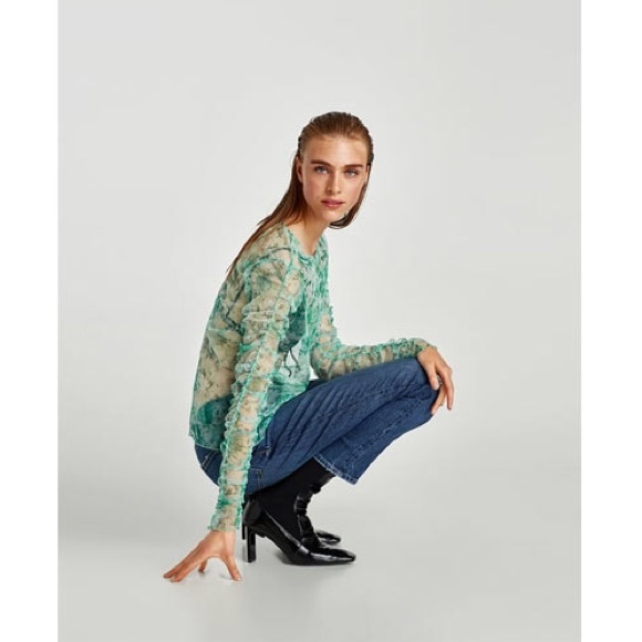 Zara | Tops | Zara Gathered Sleeves Sheer Tshirt | Poshmark